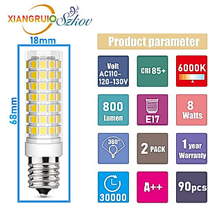 E17 LED Bulb Dimmable 8W Consumption 80W Equiavlent Halogen Bubs,800LM,AC 110-130V,CRI:≧85Ra,S11 T8 T7 E17 Intermediate Base Bulbs,for Ceiling Fan,Microwave Oven Lighting,2-Pack (Daylight White 6000K)