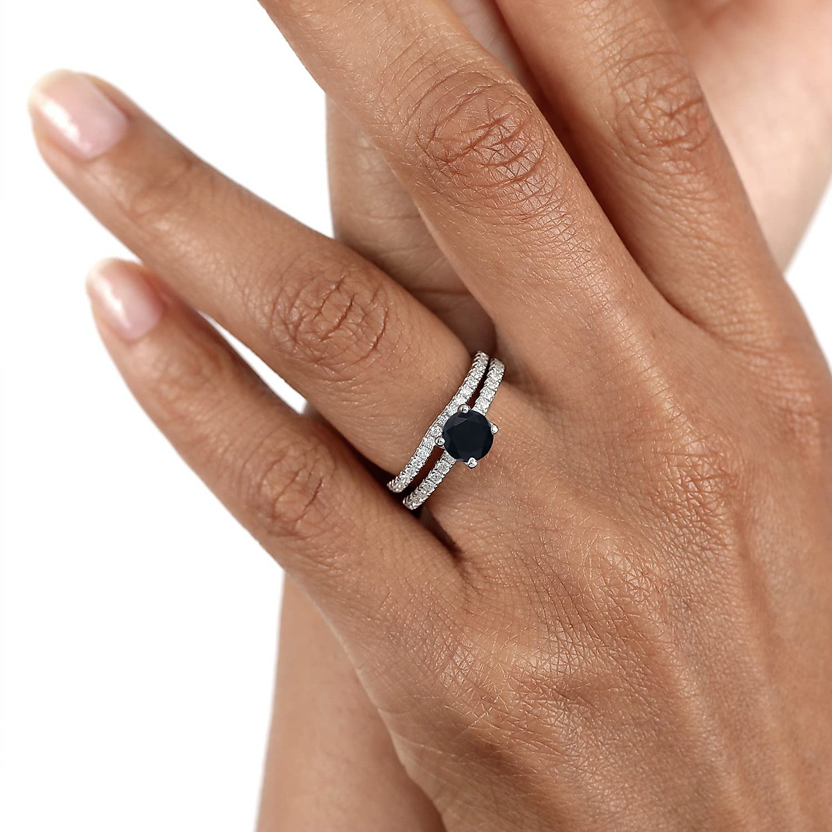 Gem Stone King 925 Sterling Silver Black Onyx and White Moissanite Wedding Engagement Band Bridal Set Ring For Women (1.29 Cttw, Gemstone December Birthstone, Available In Size 5, 6, 7, 8, 9)