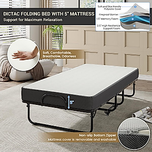 DICTAC Folding Bed with Mattress 75x38 Twin Size Bed Frame Portable Foldable Guest Bed for Adults Rollaway Bed with Wheels Fold up Bed with Metal Slats Bed Frame- 5'' Luxurious Memory Foam Mattress