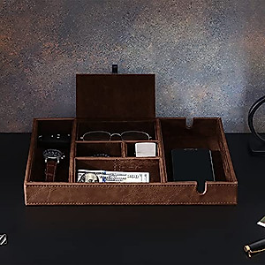 BEWISHOME Valet Tray for Men Dresser Organizer Nightstand Organizer Desktop Storage Organizer with Large Smartphone Charging Station, 6 Compartments, Faux Leather, Brown SSH16Z