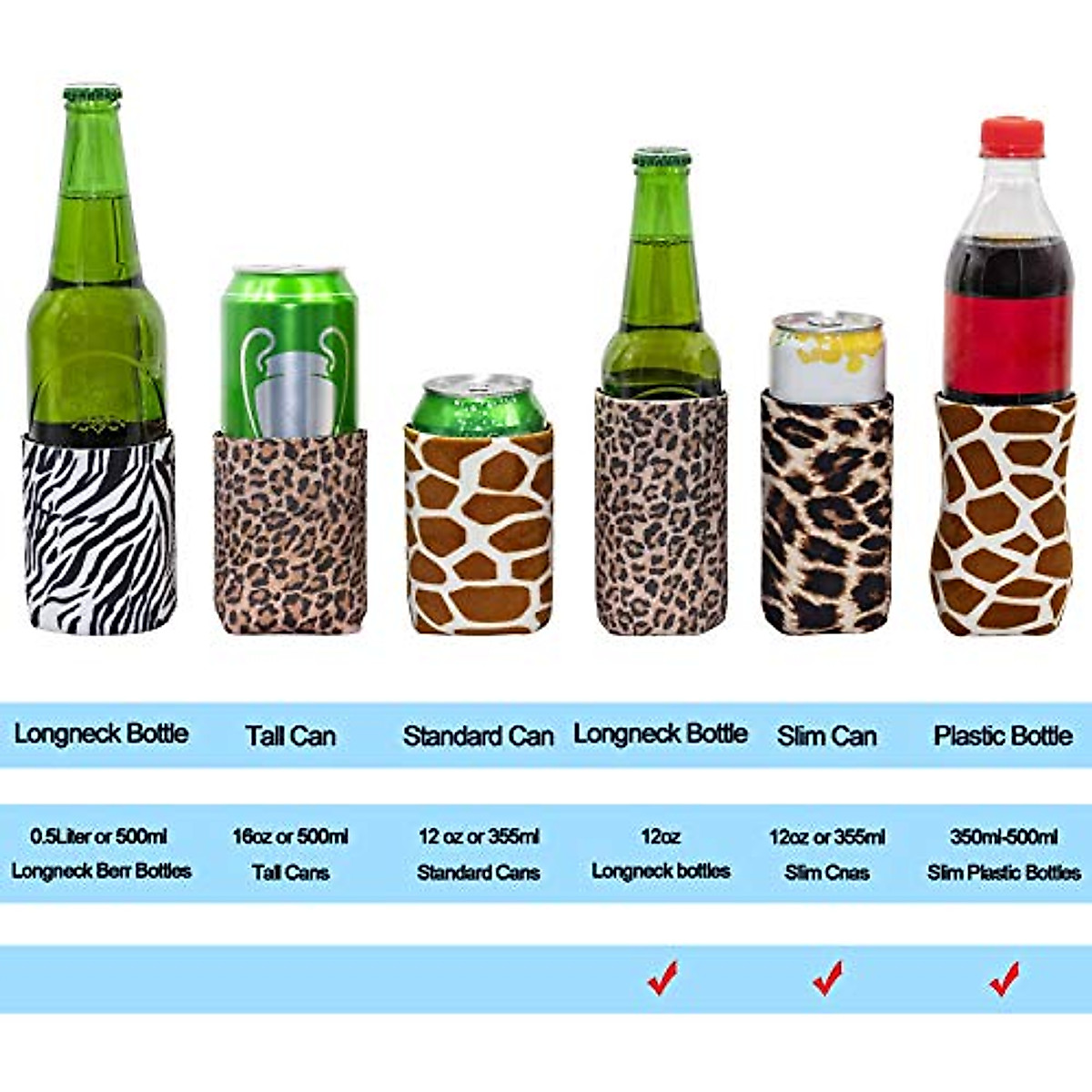 Casa-Eco Soft Velvet Fabric Neoprene Slim Can Cooler, 12oz Beverage Skinny Cans Sleeves for Girls, Wedding, Bachelorette Party, Events, 4 Pack (Leopard-Zebra-Giraffe-Cheetah)