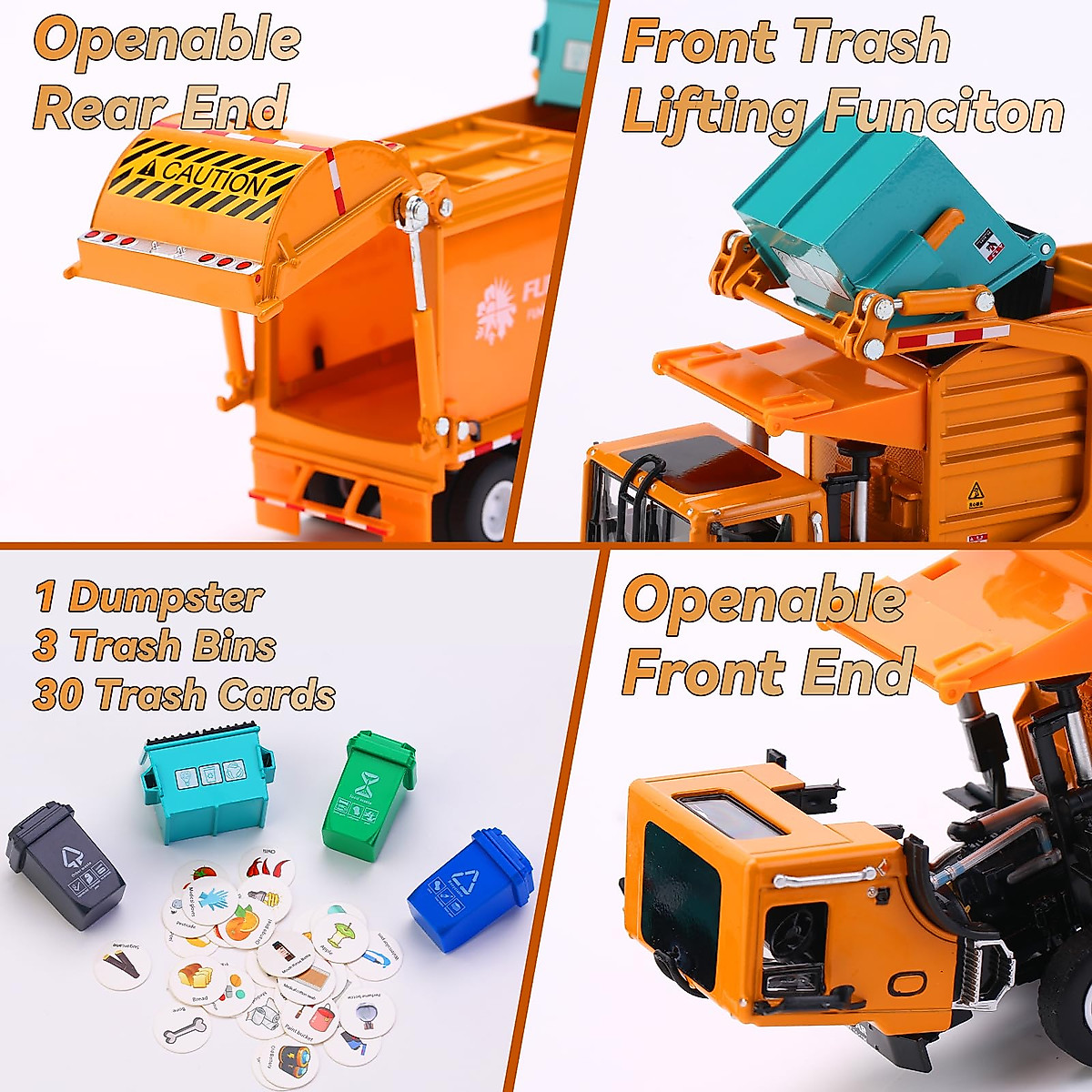 Garbage Truck Toys, Fubarbar 1:43 Bruder Tonka Trash Trucks Model for Boys Metal Diecase Waste Management Front Loader Die Cast Recycling Dumpster Truck Toy for 3 4 5 6 Years Old(Orange)