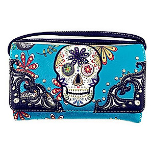 TEXAS WEST WESTERN COLLECTION TEXAS WEST Large Sugar Skull Day of the Dead Daypack Concealed Carry Backpack Women Travel Biker Purse Wallet Set (Turquoise)