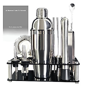 Bartender Kit, 13 Piece Cocktail Shaker Set Stainless Steel Bar Tools with Black Stand, 25 oz Shaker, Jigger, Spoon, Pourers, Muddler, Strainer, Tongs, Recipes