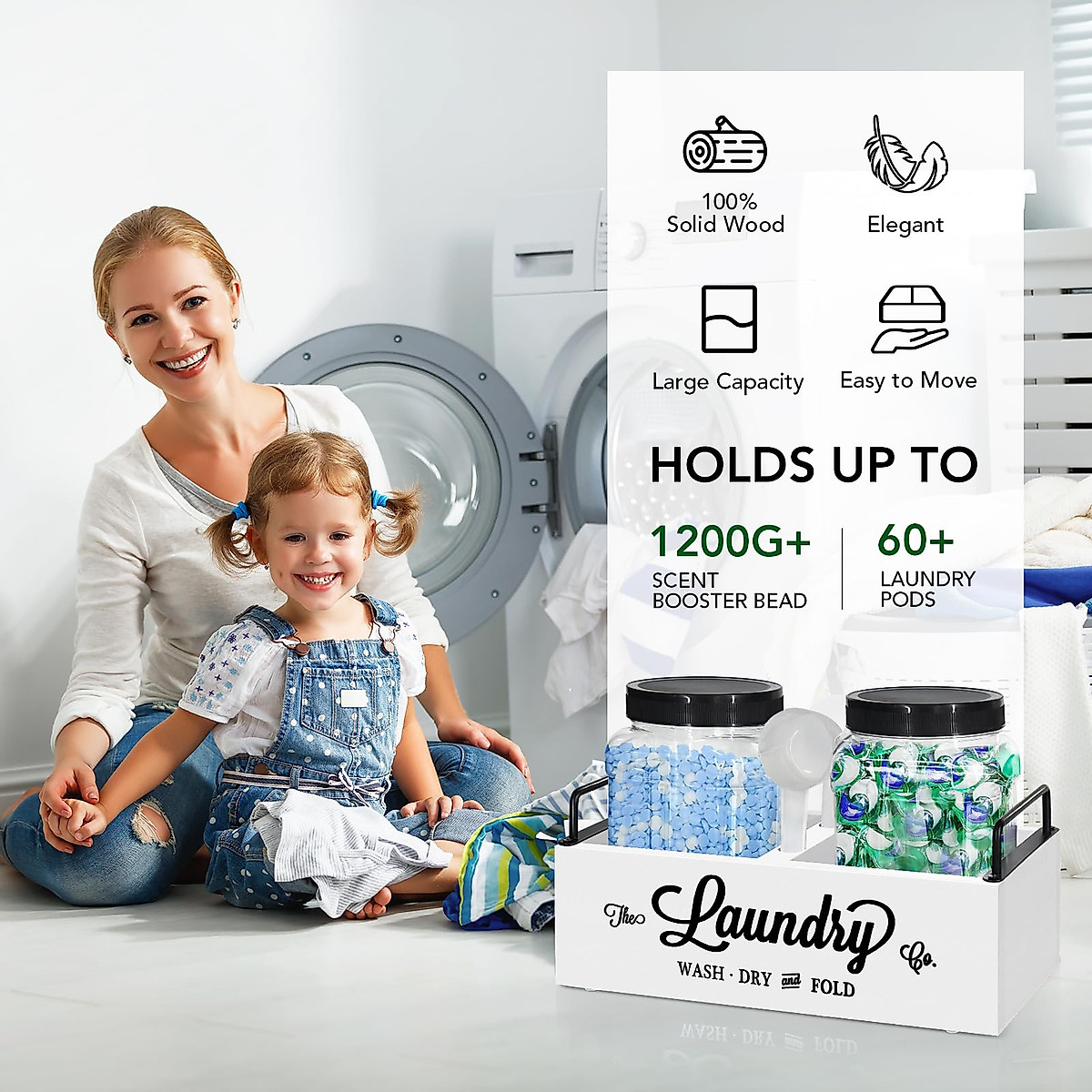 Laundry Pods Container for Laundry Room Organization, Laundry Detergent Dispenser with 2 Plastic Jars and 2 Scoops, Scent Booster Container Storage Box, Laundry Pod Holder for Laundry Room Decor