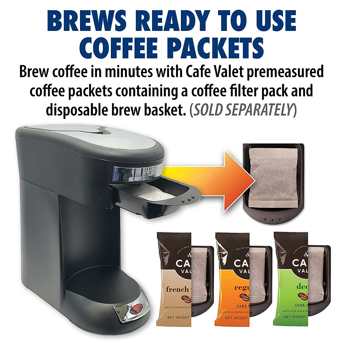 Café Valet Single Serve Coffee Maker, Brews 10 Ounces of Coffee or Hot Water, Compatible Coffee Packs