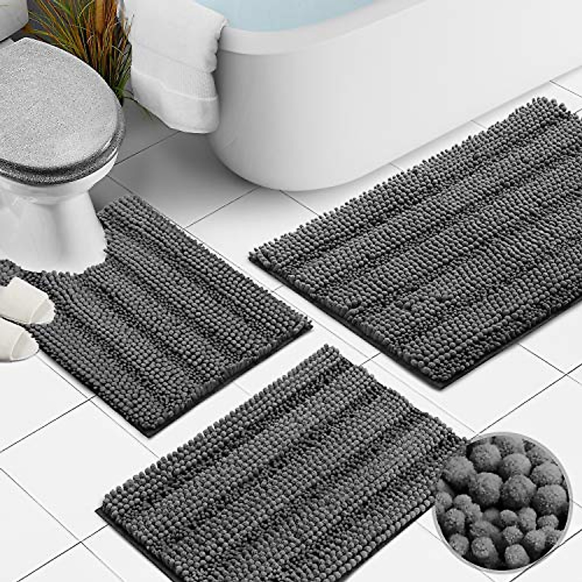 Clara Clark Chenille Bathroom Rugs, Ultra Soft Plush Shaggy Bath Mats for Bathroom, Machine Washable Non Slip Backing Rubber Bath Rug Set, 3 Piece Bathroom Rug Set, Gray
