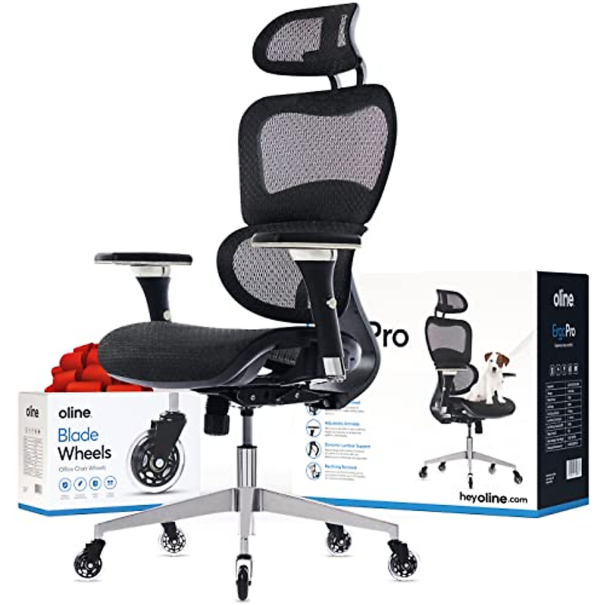 Oline ErgoPro Ergonomic Office Chair - Rolling Desk Chair with 4D Adjustable Armrest, 3D Lumbar Support and Blade Wheels - Mesh Computer Chair, Gaming Chairs, Executive Swivel Chair (Black)