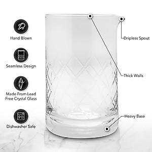 The Art of Craft Cocktail Mixing Glass: 18oz/ 550ml Seamless Crystal Mixing Glass with Thick Weighted Bottom for Home Bars and Professional Bartenders