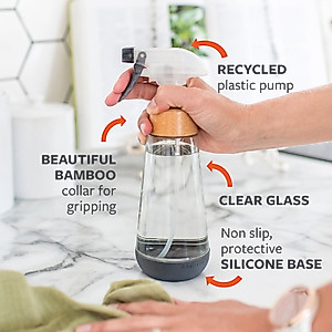 Full Circle Bottle Service - Refillable Glass Spray Bottle for Cleaning - Versatile Stream & Mist Options, Bamboo Details, Silicone Boot - Ideal for Non-Toxic Solutions & Plant Care, 16oz, Gray