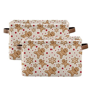 Flradish 2PCS Christmas Gingerbread Large Collapsible Storage Bins,Canvas Fabric Foldable Storage Bins with Handles Open Home Storage Bins Boxes Toy Storage Basket