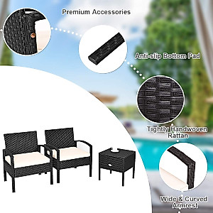 HAPPYGRILL 3 Pieces Patio Furniture Set Rattan Wicker Sofa Set with Removable Cushions and Coffee Table, Outdoor Conversation Bistro Chairs Set with Storage Table for Garden Poolside Balcony