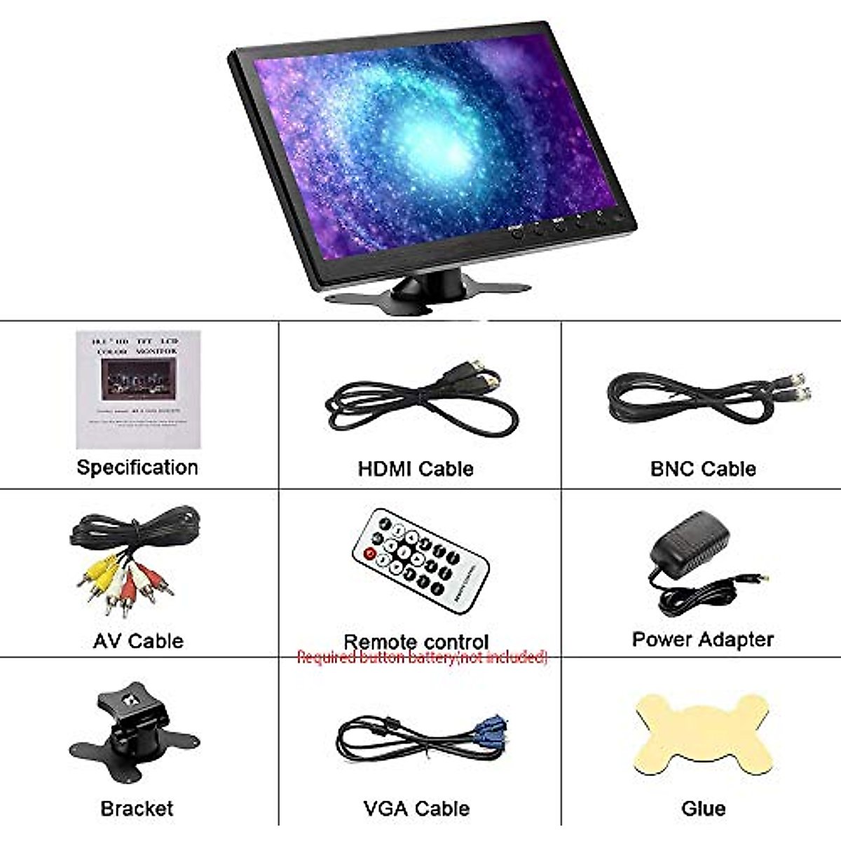 Hikity 10 Inch Small HDMI Monitor Portable CCTV Monitors 1280x600 with BNC, AVI, VGA, HDMI Input Cable, Remote Control, Built-in Speakers, for PC, CCTV, Security Camera, Raspberry Pi, X-Box