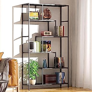 ZAECBQ 6-Tier Modern Industrial Bookshelf,73.4 Inches Tall Metal Bookcase Display Shelves,Vintage Open Storage Shelf Organizer for Home Office Living Room,Black