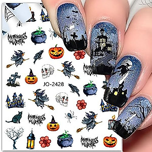 Halloween Nail Art Stickers Decals 6 Sheets Halloween Theme 3D Nail Stickers Halloween Nail Art Supplies Pumpkin Ghost Puppet Dolls Bats Terror Castle Witches Design Stickers for Women Kids