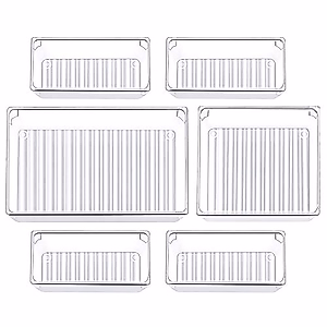 Kootek 6 Pcs Drawer Organizer Set, 3-Size Bathroom Drawer Organizers Makeup Trays Vanity Desk Dividers Versatile Storage Bins Clear Plastic Drawer Organization Container for Dresser, Kitchen, Office