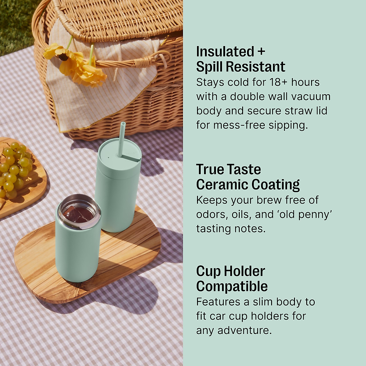 Fellow 20 oz Carter Cold Water Bottle for Water, Iced Tea, Coffee, Smoothies, Iced Coffee & more - Stainless Steel Vacuum-Insulated Iced Coffee tumbler with Spill Resistant lid and straw - Sand Dune