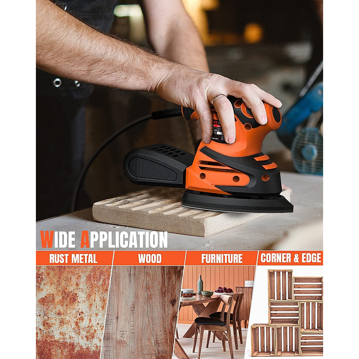 DWT Detail Sander, 1.5A 15000 OPM Electric Sander with 24pcs Sandpapers, Efficient Dust Collection System & Detail Finger Attachment, Soft Grip Handle, Compact Hand Sander for Woodworking