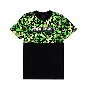 Minecraft Camo Pajama Set | Creeper Short Sleeve Top and Long Leg Bottoms | Comfortable Kids Gaming Nightwear for Bedtime