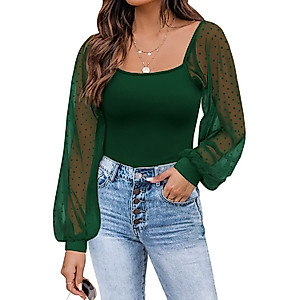 DOROSE Womens Mesh Long Sleeve Shirts Casual Blouses Tops Christmas Dark Green M