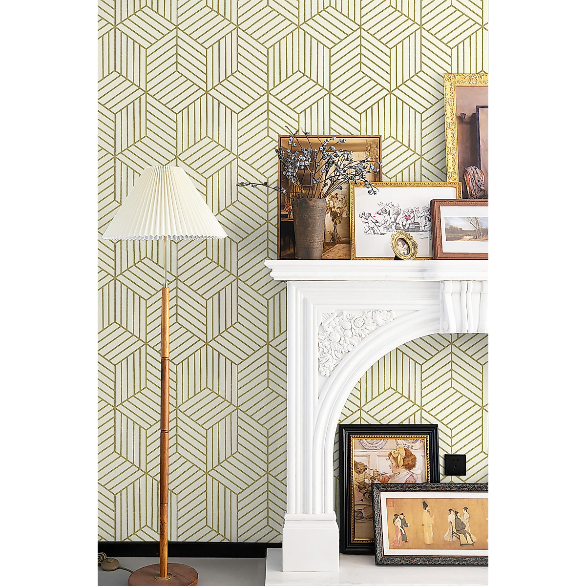 CiCiwind Peel and Stick Wallpaper Gold and Beige Contact Paper Geometric Striped Hexagon Wallpaper Removable Self Adhesive WallPaper Waterproof Vinyl Paper for Cabinets Shelf Drawer 15.7"x78.7"Upgrade