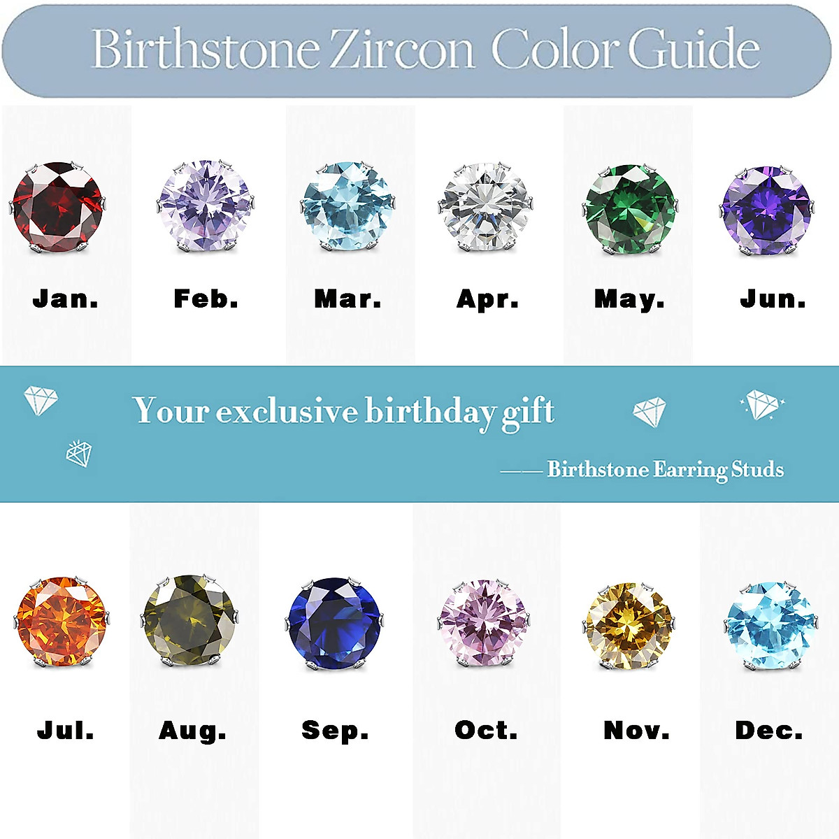 Jstyle Hypoallergenic Stud Earrings for Women Men Surgical Stainless Steel Birthstone Earrings Studs Colorful Cubic Zirconia Earrings Set Womens small Stud Post Earrings for Sensitive Ears