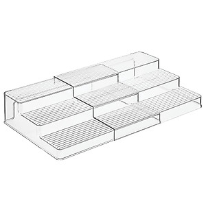 mDesign Plastic Spice and Food Kitchen Expandable Cabinet Shelf Organizer - 3 Tier Storage - Modern Compact Caddy Rack - Holds Spices/Herb Bottles, Jars - for Shelves, Cupboards, Refrigerator - Clear