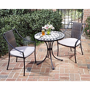 Home Styles Small Outdoor Bistro Table with Marble Tiles Design Table Top Constructed From Powder Coated Steel, Black, 27.5Lx27.5Dx30H