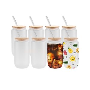 OFFNOVA 8 Pack Sublimation Glass Tumblers with Bamboo Lid and Straw, 16oz Frosted Beer Can Sublimation Tumbler Blanks Mason Jar Cups for Iced Coffee, Soda, Juice