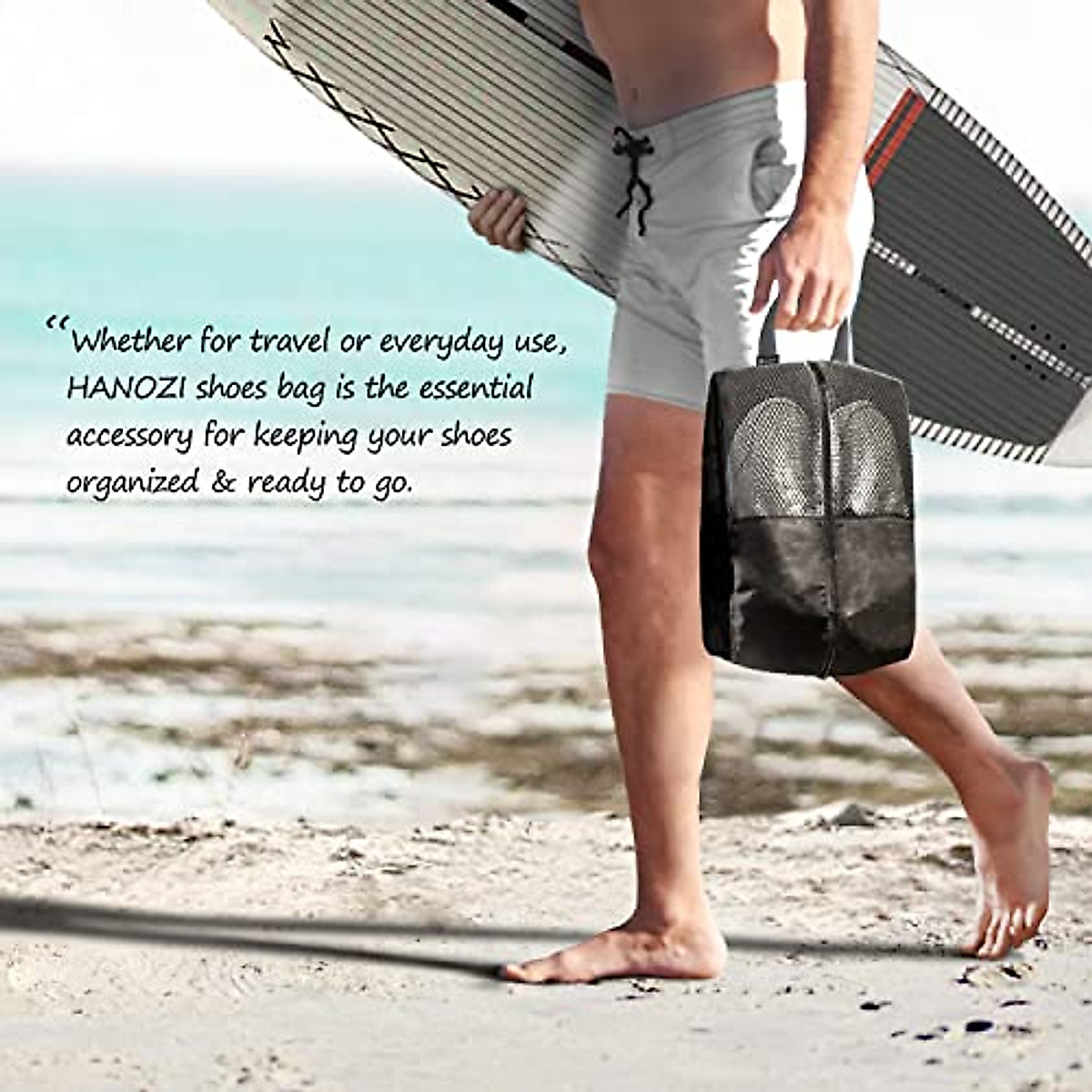 HANOZI Shoe Bags For Travel, Used As For Storage or Shoe Travel Bag, Space Saving When Travelling With This Travel Shoe Bags For Packing, Featuring Waterproof Nylon Sneaker Bag (Black, 2 Pack, Medium)