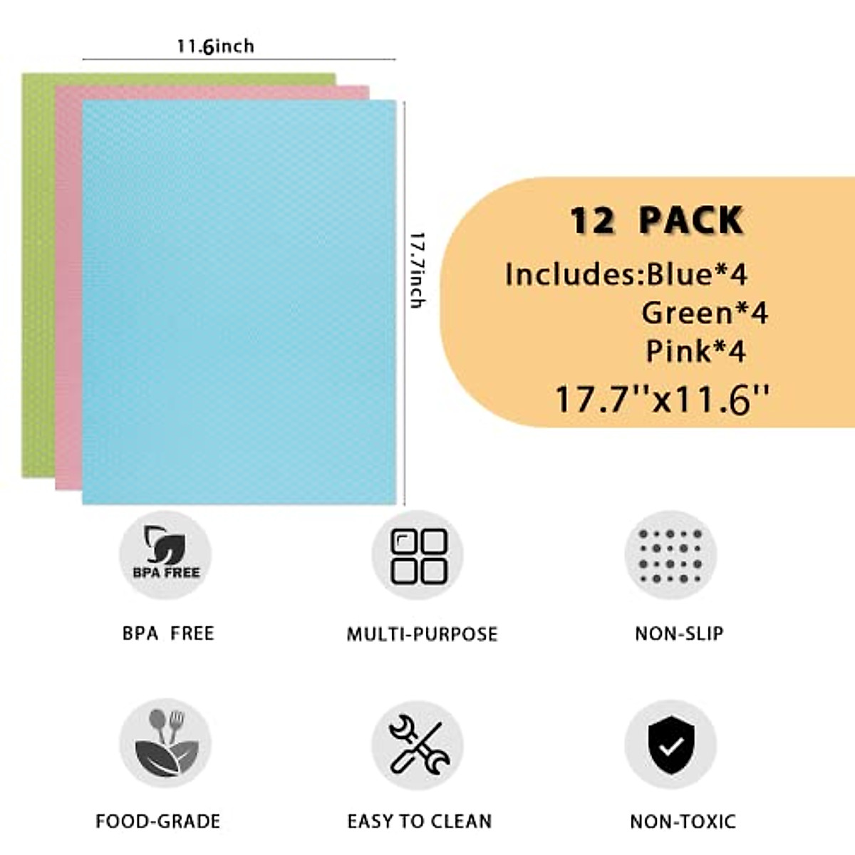 12 PCS Refrigerator Liners,Cailide Washable Mats Covers Pads,Home Kitchen Gadgets Accessories Organization for Glass Shelves Multi-Use Shelf Drawer Fridge Liners (Blue+Green+Pink,12 Pack (17.7"×11.6")