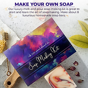 Soap Making Kit for Adults, Make Your Own Soap with Melt and Pour diy Natural Soap supplies; 6 Essential Oils, Silicone Soap Mold, Spoon, Dried Flowers, 2lbs. Shea Butter Soap Base, 4 Colors, 9 Labels
