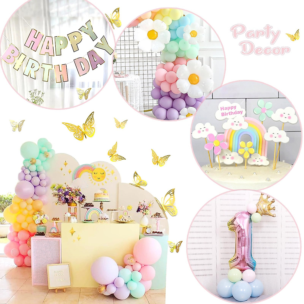 Slmeno Pastel Balloons 219Pcs Pastel Balloon Garland Kit Different Sizes 18 10 5 Inch Pastel Rainbow Balloons Daisy Balloons, First Birthday Decorations for Girl Baby Shower Party Balloons Arch Kit