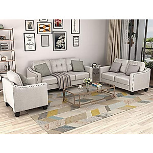 FULife 3-Piece Three Seaters Sofa Loveseat and Single Chair Living Room Furniture Set,Modern Button Tufted Upholstered Modular Sectional Couch for Aprtment/Office/Studio, Beige 77.2 in