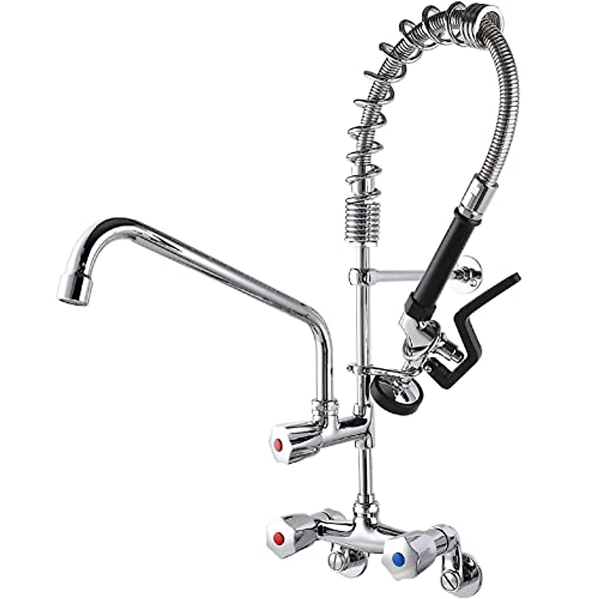 MS 4-8 Inch Adjustable Center Wall Mount 25'' Height Commercial Kitchen Sink Faucet Brass Mini Pre Rinse Unit with Spray Valve and 12 inch Add on Spout (6814P)