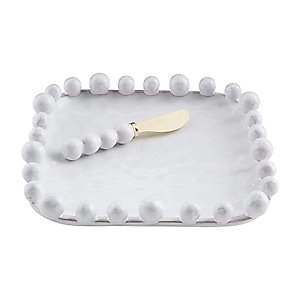 Mud Pie Beaded Boxed Cheese Set, plate 9" x 9" | spreader 6 1/2", White
