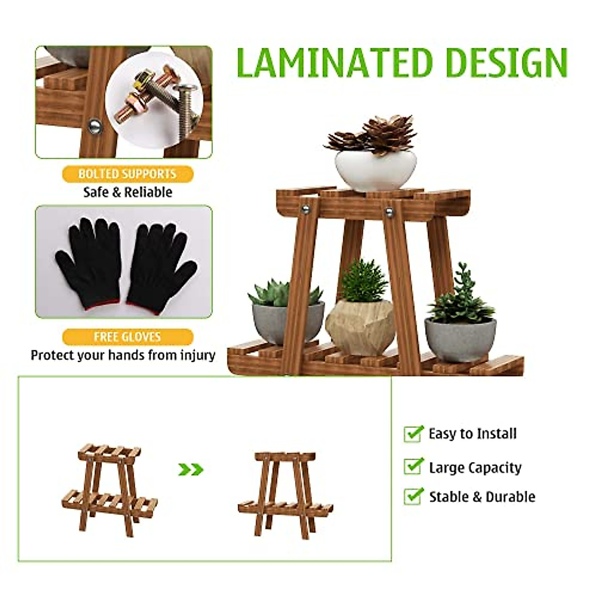 TESOURO 2 Tires Plant Stand, Indoor Outdoor 12 Potted Tall Large Wood Plant Shelf, Flower Holder Ladder Plant Rack Multiple Planter Display for Living Room Corner Balcony Office Lawn Patio Garden (2