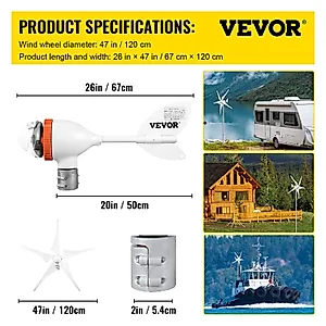 VEVOR, 12V/AC Turbine Kit, 400W Wind Power Generator with MPPT Controller 5 Blades Auto Adjust Windward Direction Suitable for Terrace, Marine, Motor Home, Chalet, Boat, White
