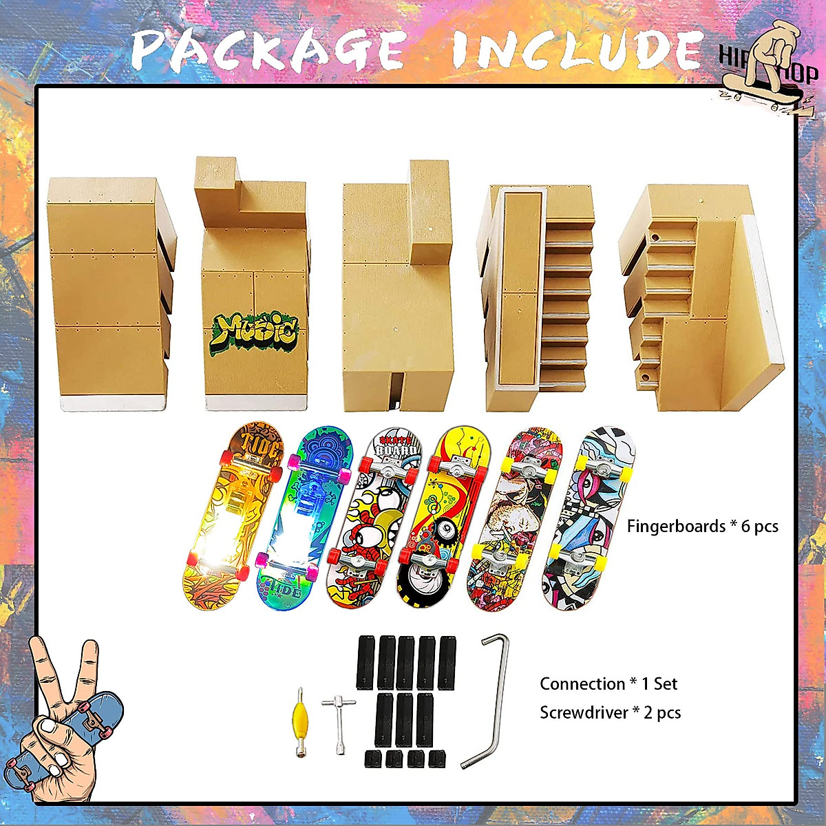 Aestheticism Finger Skateboards Kit 11 PCS, Finger Boards for Kids, Fingerboard Ramps Toys Set with Skateboards, Ramps, LED Skateboard, Screwdriver - Bigger Skateboard Ramp for Finger Board Training