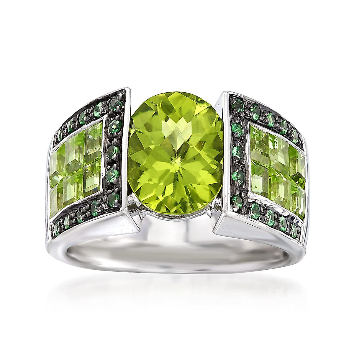 Ross-Simons 5.00 ct. t.w. Peridot and .20 ct. t.w. Tsavorite Ring in Sterling Silver. Size 7