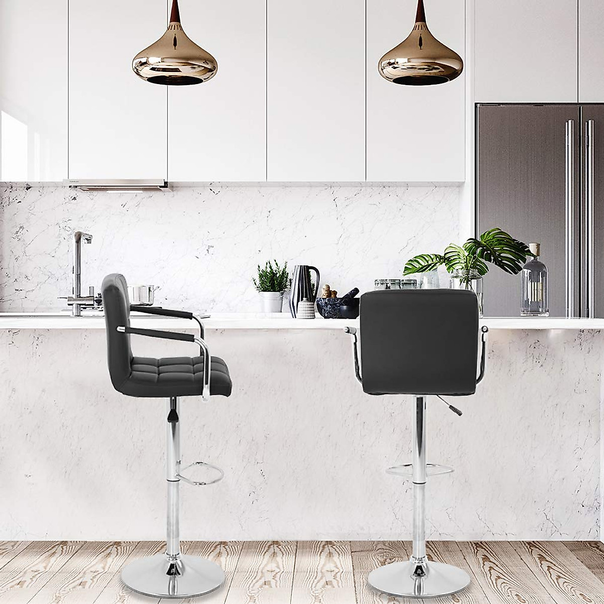 BestOffice Modern Bar Stool Set of 2 Barstools Armrest Height Adjustable Counter Stools Bar Chairs Swivel Bar Stool PU Leather Hydraulic Dining Room Chairs Home Kitchen Stools (Black)