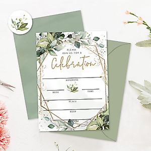 Whaline 25 Sets Greenery Invitations with Envelopes Stickers Watercolor Eucalyptus Leaves Invitation Cards Green Leaves Blank Invites for Wedding Bridal Baby Shower Birthday, 5 x 7 Inch