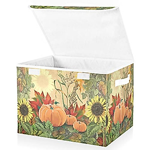 innewgogo Thanksgiving Pumpkin Sunflower Storage Bins with Lids for Organizing Closet Organizers with Handles Oxford Cloth Storage Cube Box for Car