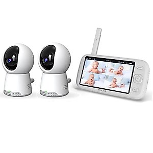 NexiGo Video Baby Monitor with Camera and Audio, 5 Inch Split IPS Screen, Support Up to 4 Cameras, 2-Way Audio, Pan-Tilt-Zoom, 4800mAh Battery, Temperature Detection, Night Vision, 2 Pack (White)