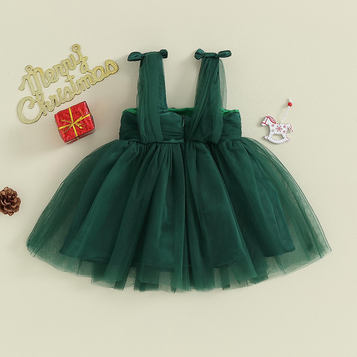 SHUING Infant Toddler Baby Girl Slip Dress Patchwork Tulle Christmas Outfit Elegant Bow Sleeveless Skirt Party Clothes (Green, 2-3 Years)