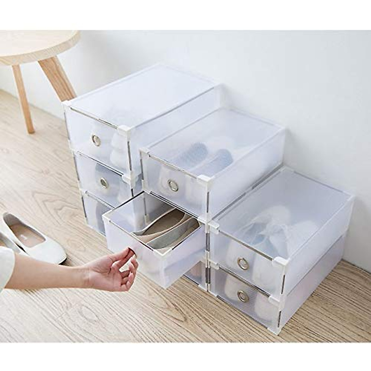 Senhill 12 Pack Shoe Storage Stackable Shoe Box Foldable Clear Plastic Shoes Holder Cabinet Transparent DIY Shoes Organizer Drawer Type Shoe Case Container