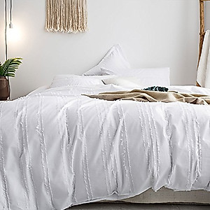 Merryfeel Duvet Cover Set Queen,100% Cotton White Textured Striped Duvet Cover with Pillowshams,3 Pieces Bedding Set-White Stripe Full/Queen
