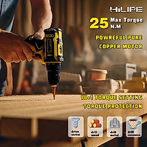 HILIPE Drill Set,12V Cordless Drill with Battery and Charger, Home Electric Power Drill Cordless, 3/8-Inch Keyless Chuck, 2 Variable Speed, 18+1 Position, LED Light and 15pcs Accessories