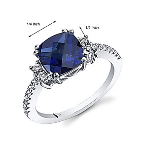 PEORA Solid 14K White Gold Created Blue Sapphire Ring with Genuine White Topaz, 3 Carats, Cushion Cut, 8mm, Size 5