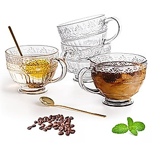 AVLA 4 Pack Glass Coffee Mugs, 16 OZ Clear Tea Cups with Handle and Spoons, Crystal Drinking Glassware for Latte, Cappuccino, Americano, Juice, Hot Beverage, Water, Dishwasher & Microwave Safe